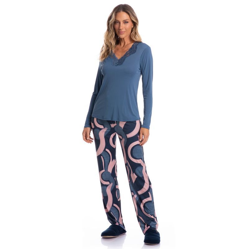 Pijama Feminino Longo Com Renda Olga Formas Abstratas - Daniela Tombini